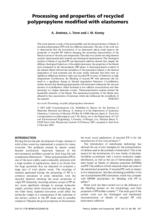 (PDF) Processing and properties of recycled polypropylene modified with elastomers