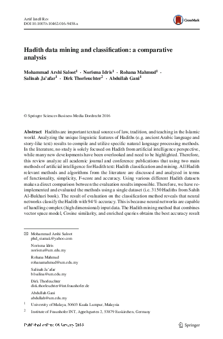 (PDF) Hadith data mining and classification: a comparative analysis