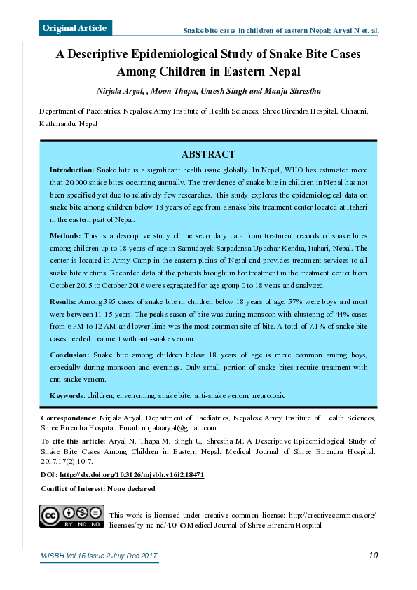 (PDF) A descriptive epidemiological study of snake bite cases among ...
