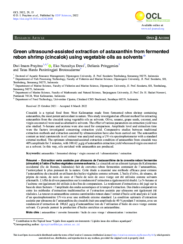 (PDF) Green ultrasound-assisted extraction of astaxanthin from ...