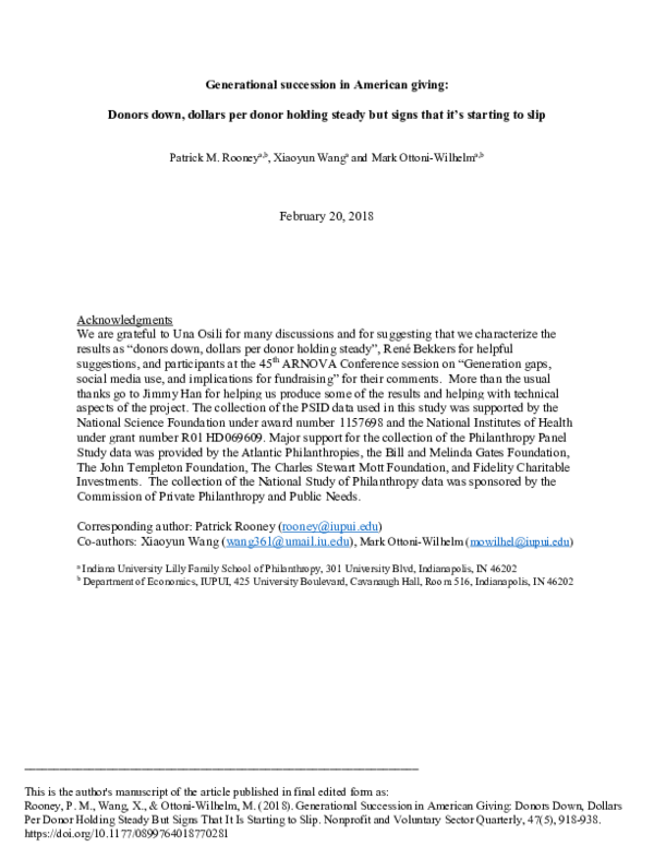 (PDF) Generational Succession in American Giving: Donors Down, Dollars ...