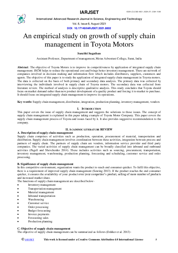 (PDF) An empirical study on growth of supply chain management in Toyota Motors