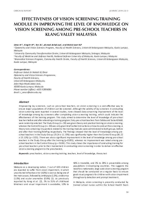 (PDF) Effectiveness of Vision Screening Training Module in Improving ...