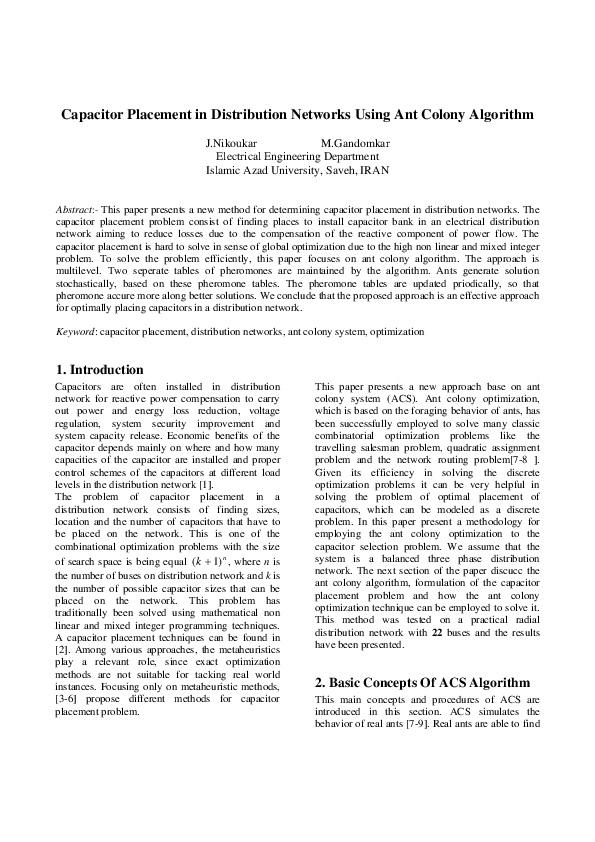 Pdf Capacitor Placement In Distribution Networks Using Ant Colony Algorithm