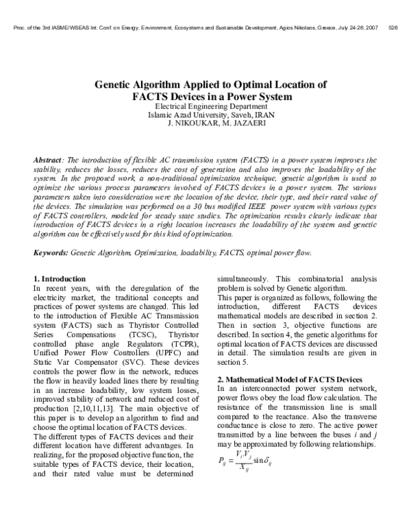 Pdf Genetic Algorithm Applied To Optimal Location Of Facts Devices In A Power System Javad