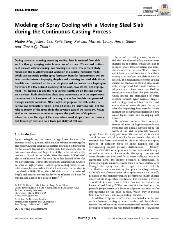 (PDF) Modeling of Spray Cooling with a Moving Steel Slab during the Continuous Casting Process