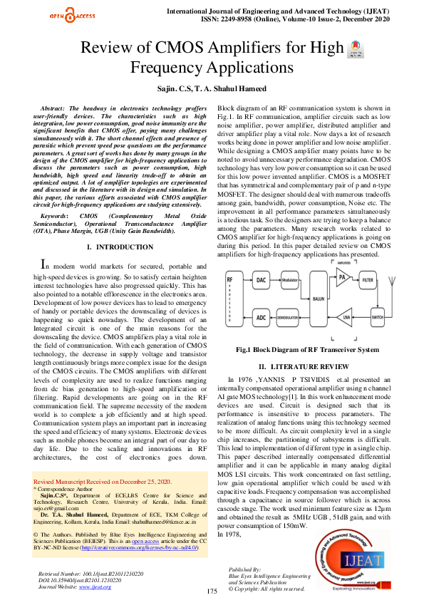(PDF) Review of CMOS Amplifiers for High Frequency Applications