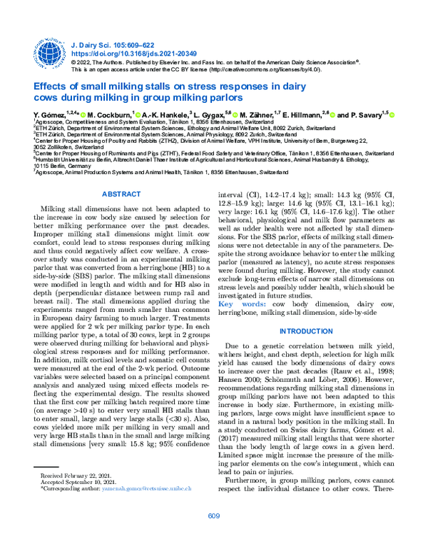(PDF) Effects of small milking stalls on stress responses in dairy cows ...