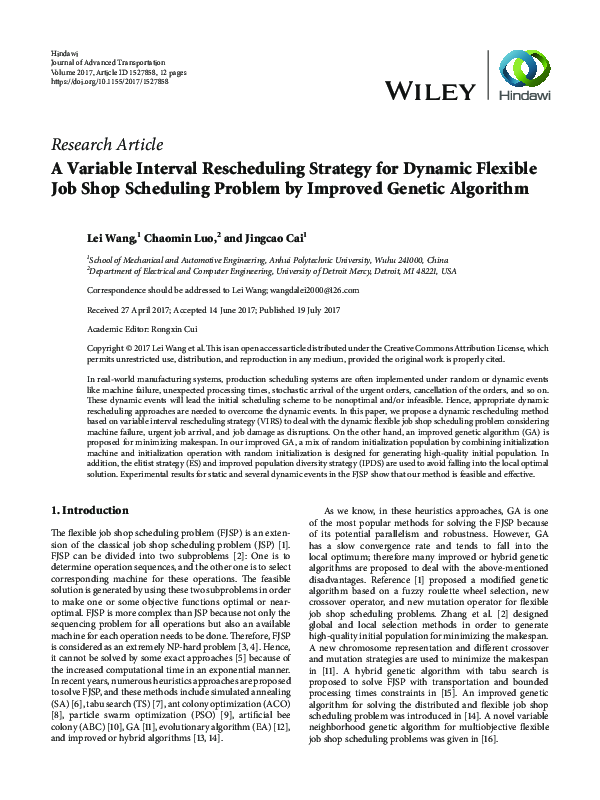 Pdf A Variable Interval Rescheduling Strategy For Dynamic Flexible Job Shop Scheduling Problem