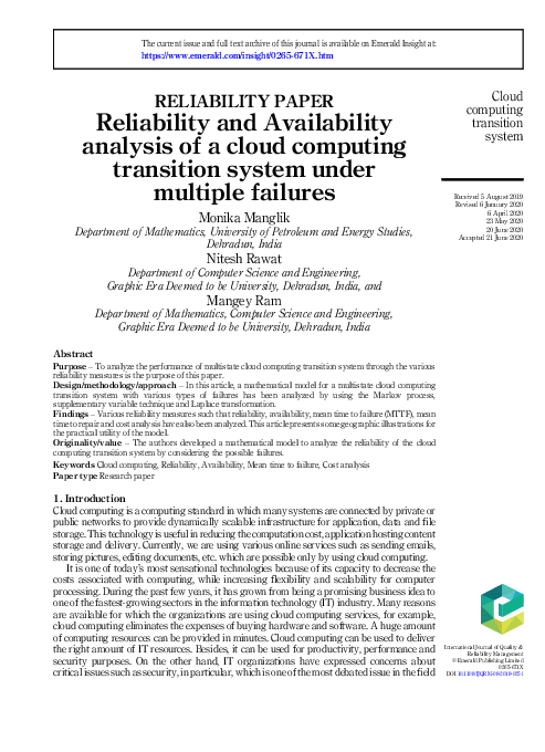(PDF) Reliability and Availability analysis of a cloud computing transition system under ...