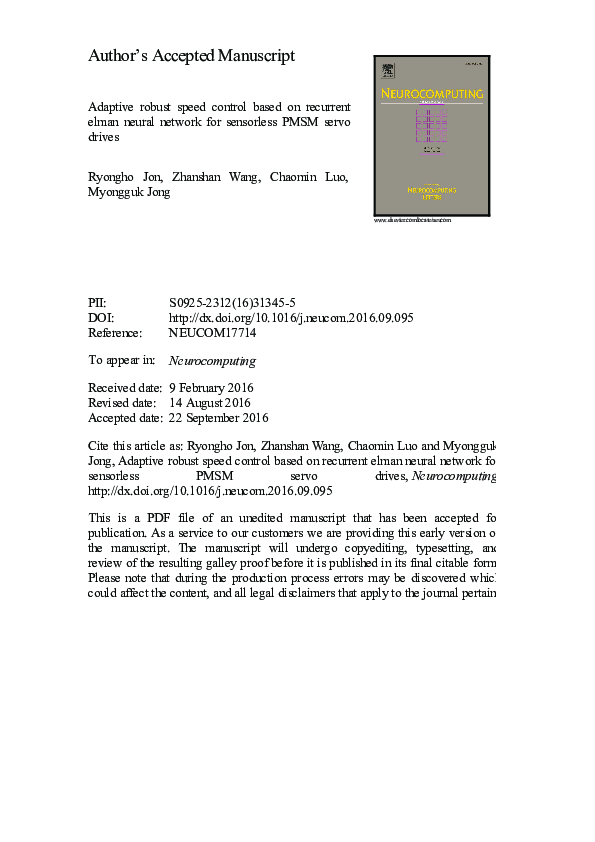 Pdf Adaptive Robust Speed Control Based On Recurrent Elman Neural Network For Sensorless Pmsm