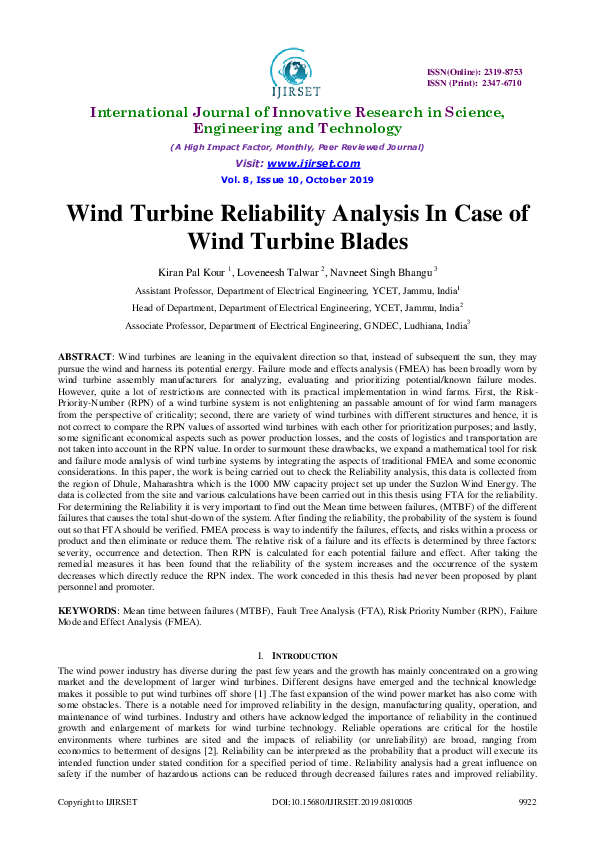 (PDF) Wind Turbine Reliability Analysis In Case of Wind Turbine Blades