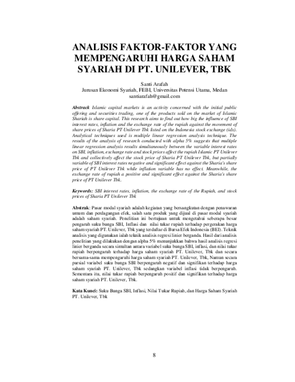 (PDF) ANALISIS FAKTOR-FAKTOR YANG MEMPENGARUHI HARGA SAHAM SYARIAH DI PT. UNILEVER, TBK