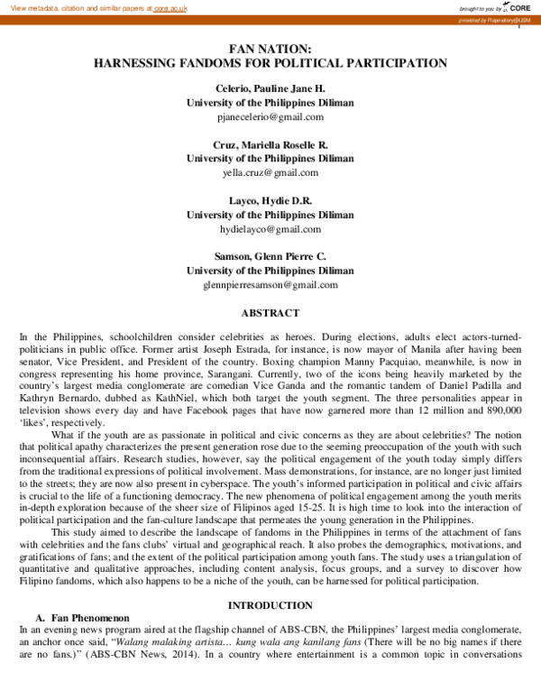 (PDF) Fan Nation: Harnessing Fandoms For Political Participation