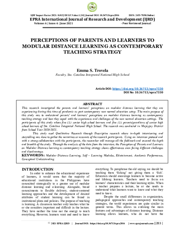 (PDF) Perceptions of Parents and Learners to Modular Distance Learning ...