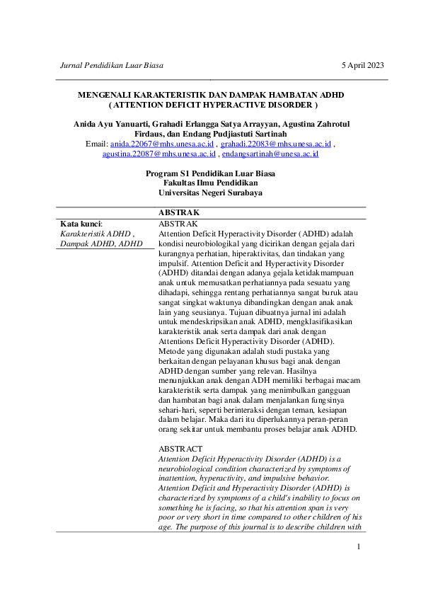 (PDF) MENGENALI KARAKTERISTIK DAN DAMPAK HAMBATAN ADHD ( ATTENTION DEFICIT HYPERACTIVE DISORDER