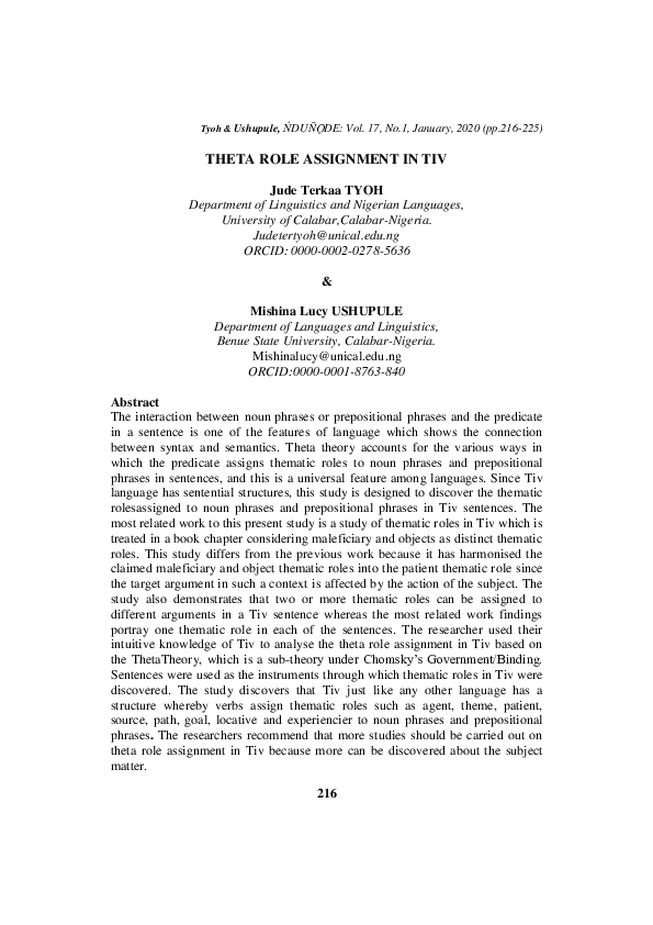(PDF) Theta Role Assignment in Tiv
