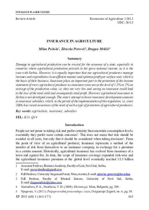 (PDF) Insurance in Agriculture
