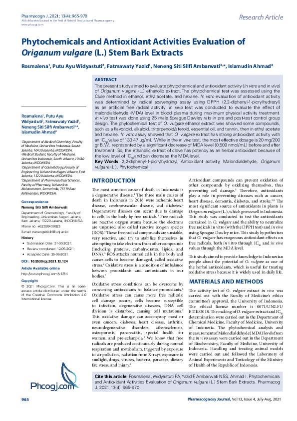 (PDF) Phytochemicals and Antioxidant Activities Evaluation of Origanum vulgare (L.) Stem Bark ...
