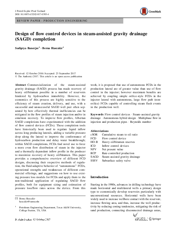 (PDF) Design of flow control devices in steam-assisted gravity drainage ...