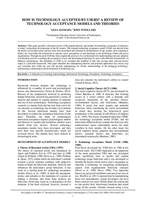 (PDF) How is technology accepted by users? A review of technology ...