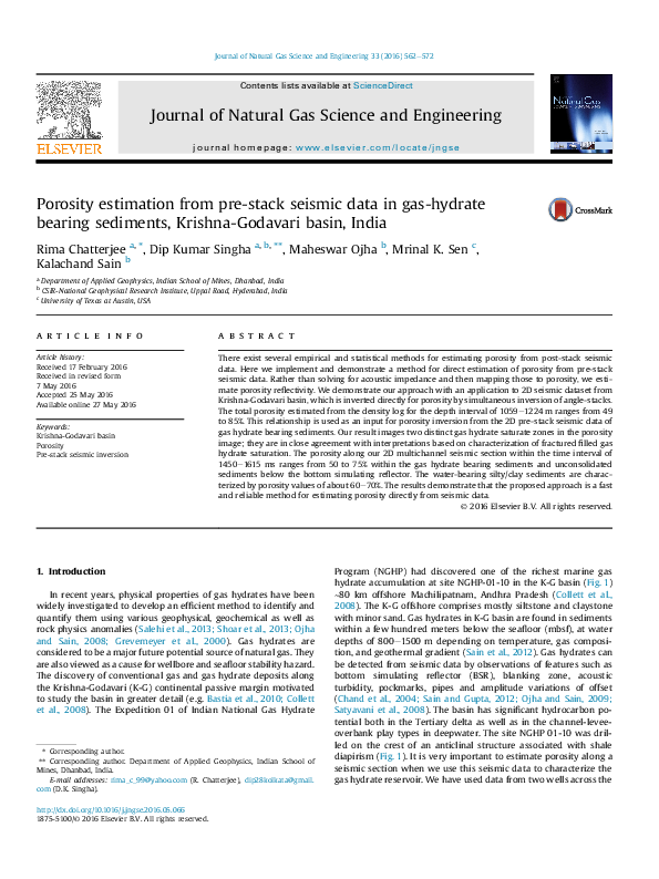 Pdf Porosity Estimation From Pre Stack Seismic Data In Gas Hydrate Bearing Sediments Krishna