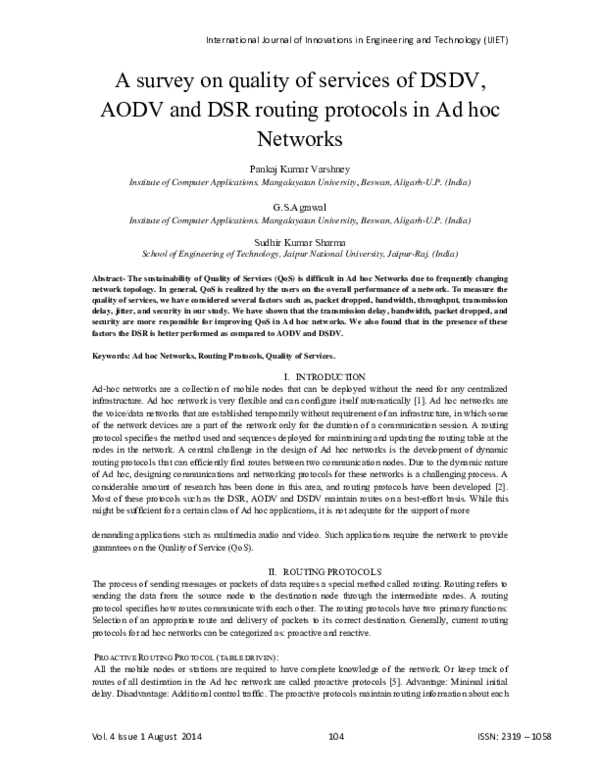 Pdf A Survey On Quality Of Services Of Dsdv Aodv And Dsr Routing
