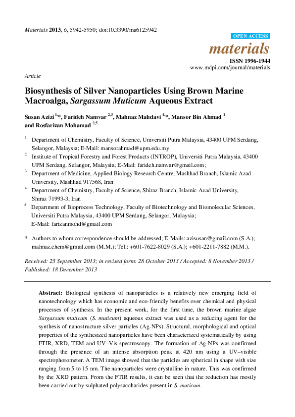 (PDF) Biosynthesis of Silver Nanoparticles Using Brown Marine Macroalga, Sargassum Muticum ...