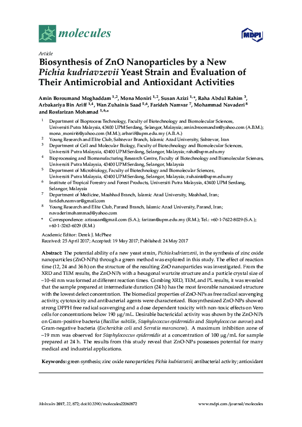 (PDF) Biosynthesis of ZnO Nanoparticles by a New Pichia kudriavzevii Yeast Strain and Evaluation ...
