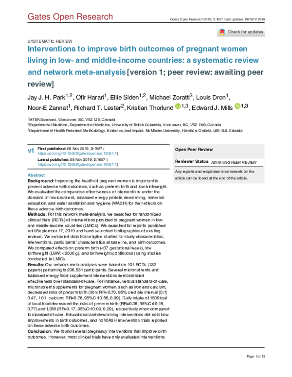(PDF) Interventions to improve birth outcomes of pregnant women living ...