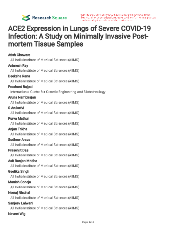 (PDF) ACE2 Expression in Lungs of Severe COVID-19 Infection: A Study on ...