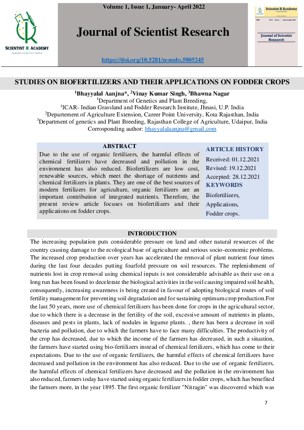 (PDF) STUDIES ON BIOFERTILIZERS AND THEIR APPLICATIONS ON FODDER CROPS