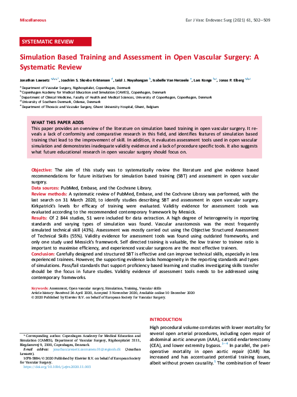 (PDF) Simulation Based Training and Assessment in Open Vascular Surgery: A Systematic Review