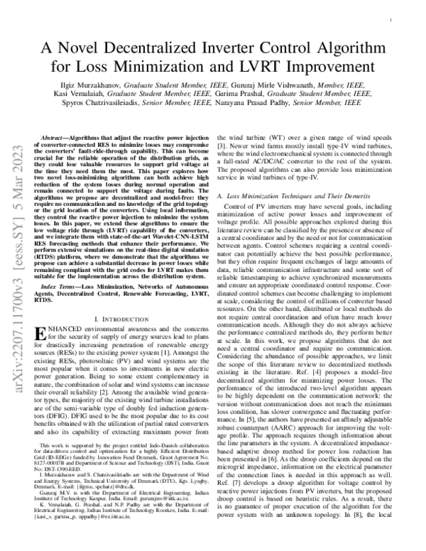 (PDF) A Novel Decentralized Inverter Control Algorithm for Loss Minimization and LVRT Improvement