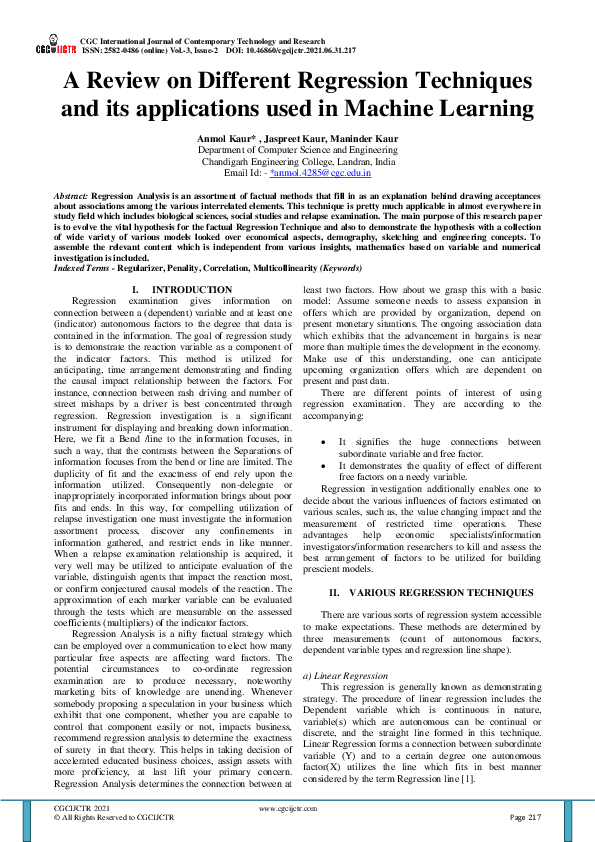 (PDF) A Review on Different Regression Techniques and its applications ...