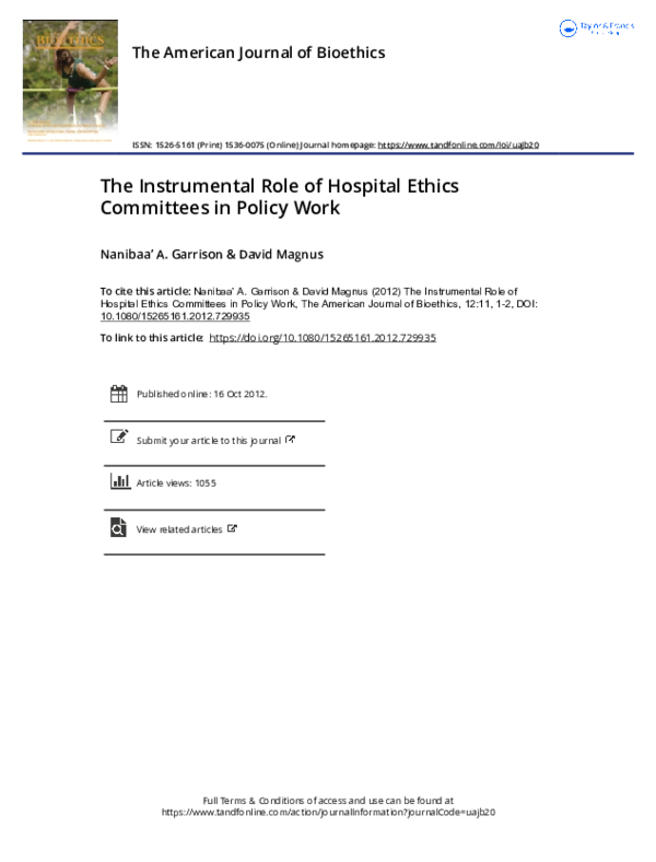 (PDF) The Instrumental Role of Hospital Ethics Committees in Policy ...