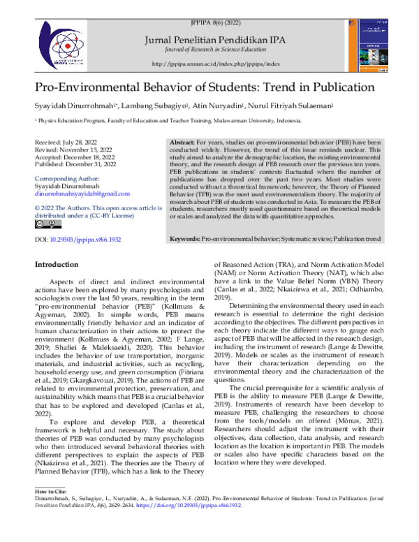 (PDF) Pro-Environmental Behavior of Students: Trend in Publication