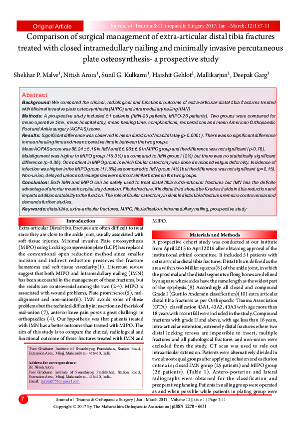 (PDF) Comparison of surgical management of extra-articular distal tibia fractures treated with ...