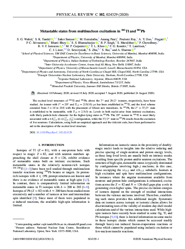 (PDF) Metastable states from multinucleon excitations in Tl202 and ...