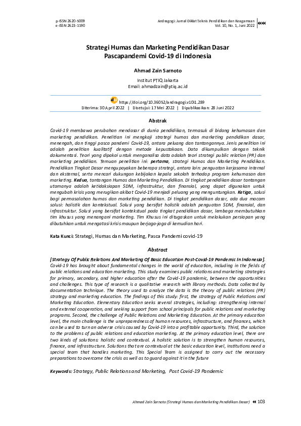 (PDF) Strategi Humas Dan Marketing Pendidikan Dasar Pasca Pandemi Covid ...