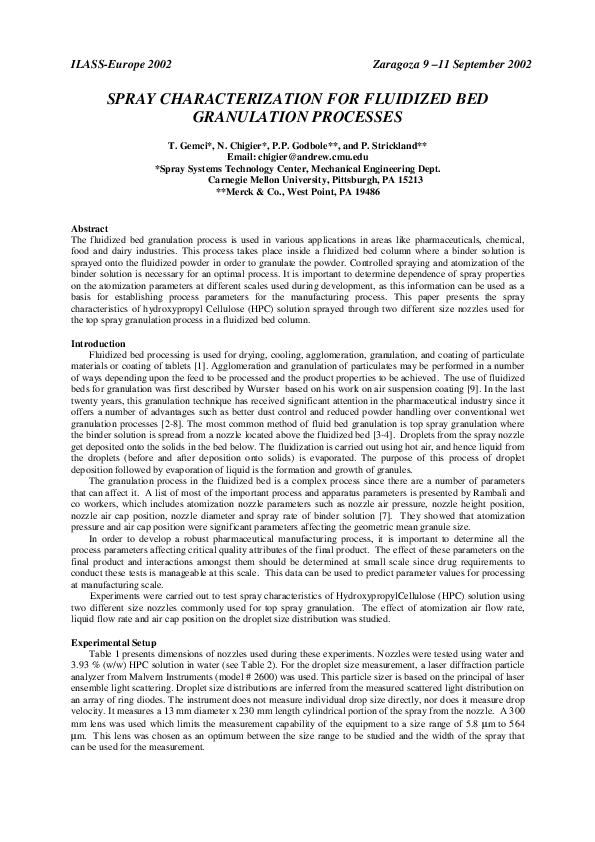 (PDF) Spray Characterization for Fluidized Bed Granulation Processes