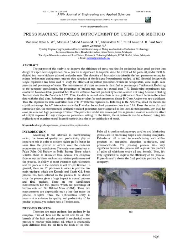 (PDF) Press Machine Process Improvement by Using Doe Method | Amran ...