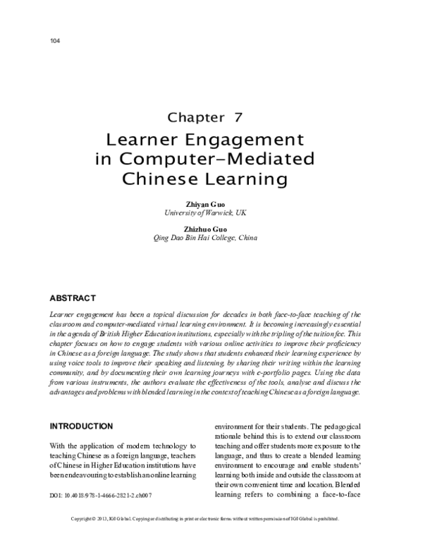 (PDF) Learner Engagement in Computer-Mediated Chinese Learning