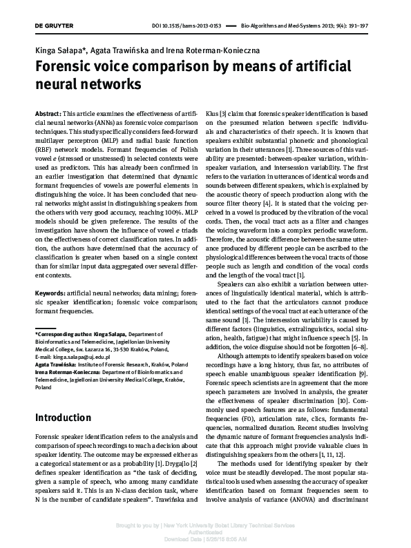 (PDF) Forensic voice comparison by means of artificial neural networks