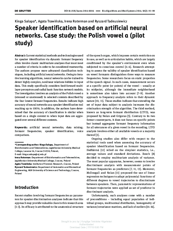 (PDF) Speaker identification based on artificial neural networks. Case study: the Polish vowel ...