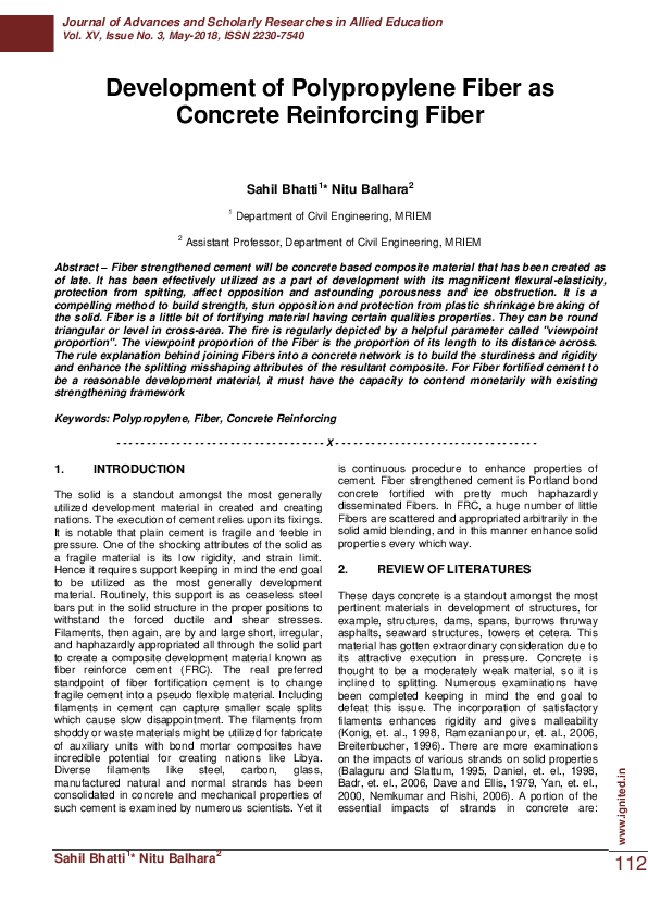 (PDF) Development of Polypropylene Fiber as Concrete Reinforcing Fiber