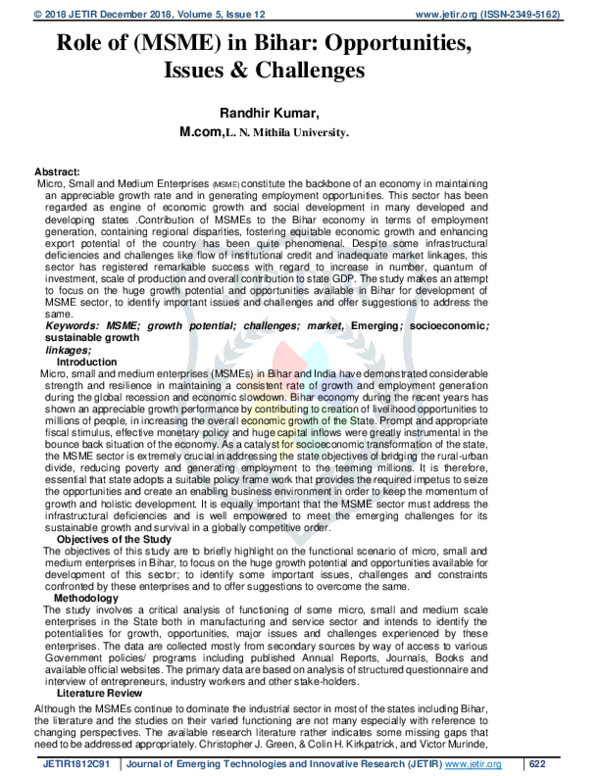 (PDF) Role of (MSME) in Bihar: Opportunities, Issues & Challenges