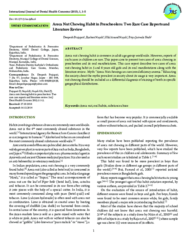 (PDF) Areca Nut Chewing Habit in Preschoolers: Two Rare Case Reports and Literature Review