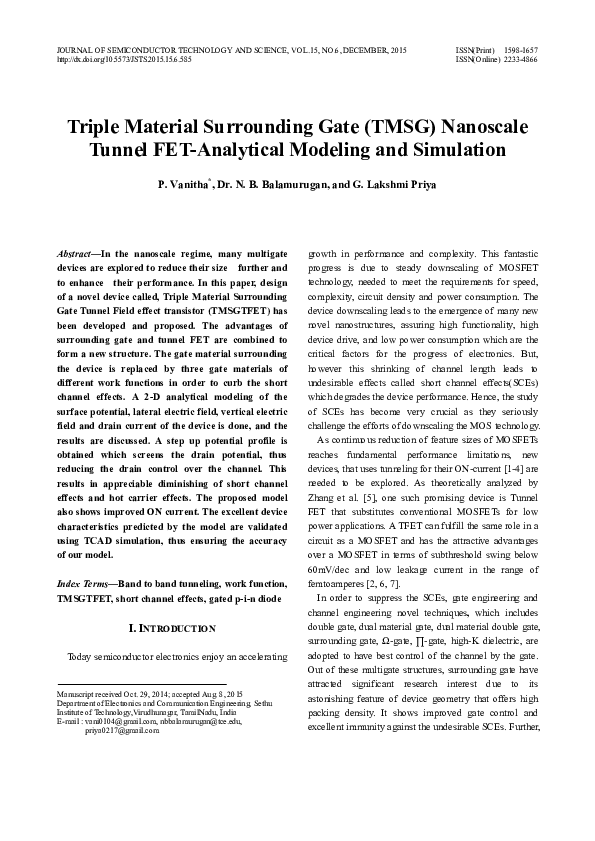 (PDF) Triple Material Surrounding Gate (TMSG) Nanoscale Tunnel FET-Analytical Modeling and ...