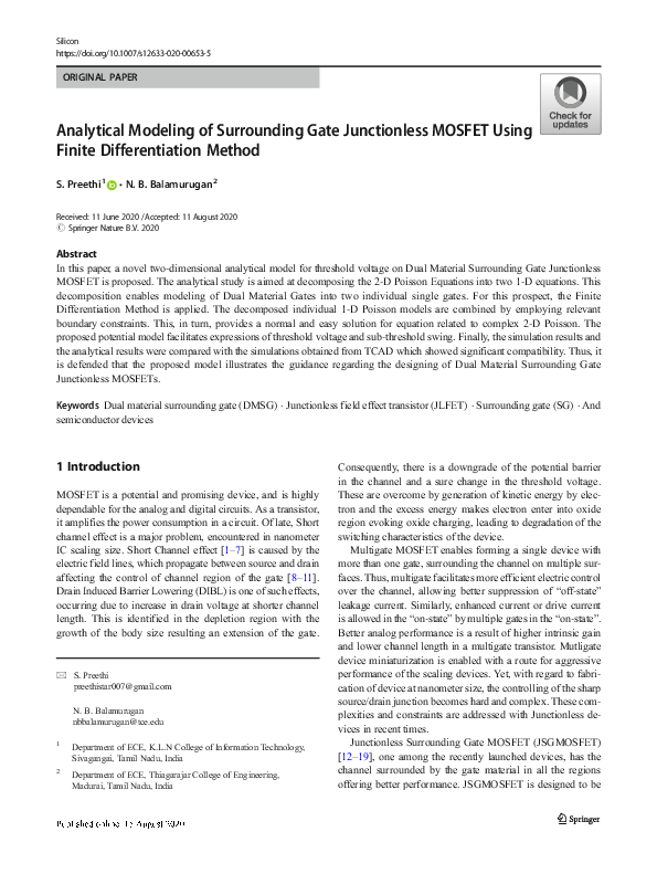 (PDF) Analytical Modeling of Surrounding Gate Junctionless MOSFET Using Finite Differentiation ...